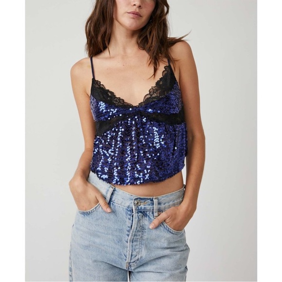 Free People | Tops | Nwt Free People Right Rhythm Sequin Cami Midnight Blue Combo Black Lace ...